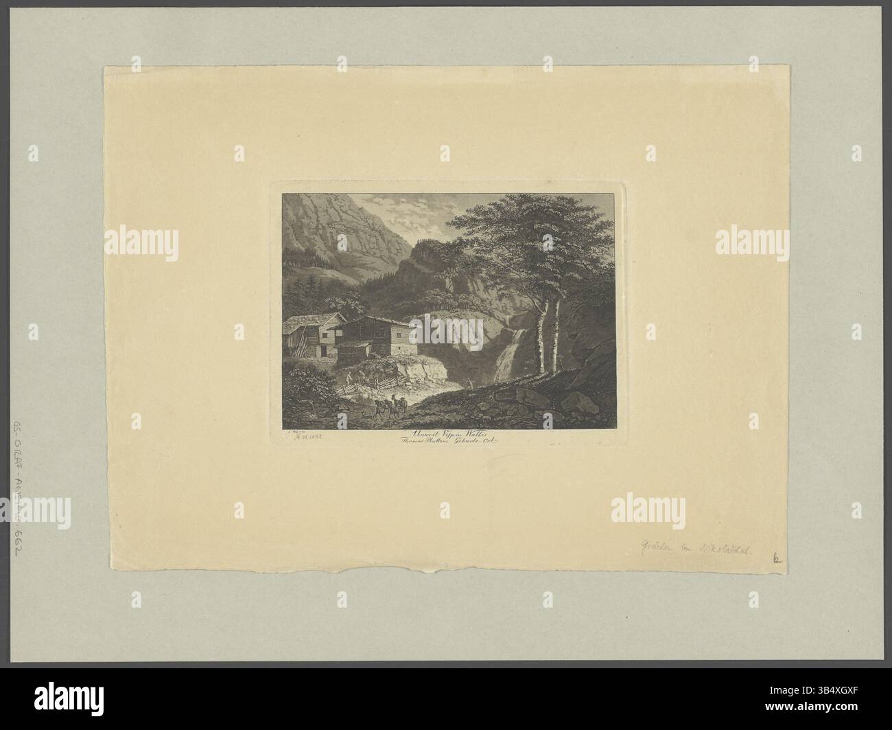 Aquatint by Ludwig Hess from 1799, depicting Grächen in the Nikolaital, Wallis, Switzerland. The ...