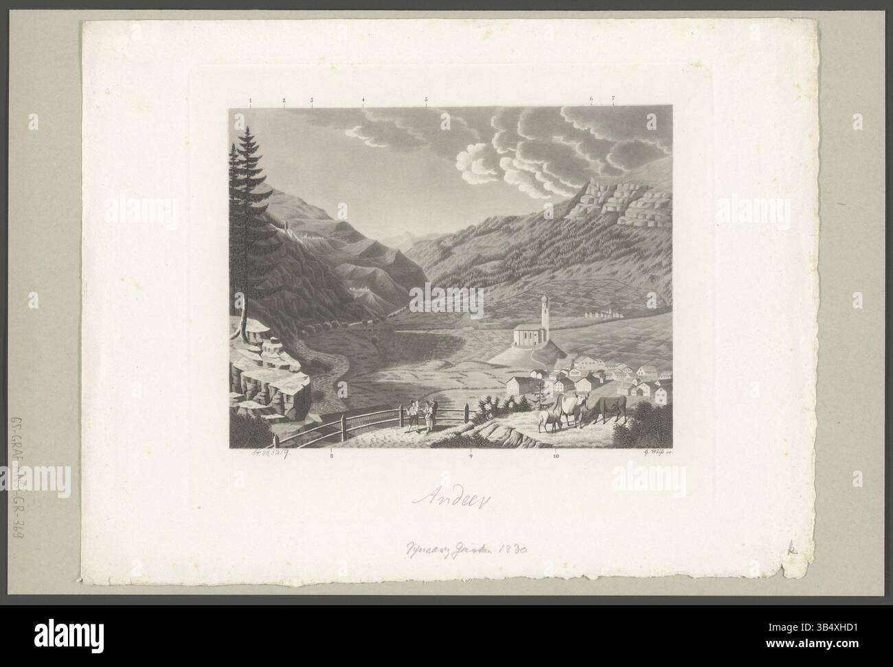 This aquatint print by Gottfried Weiss, created in 1829, depicts the village of Andeer and the ...
