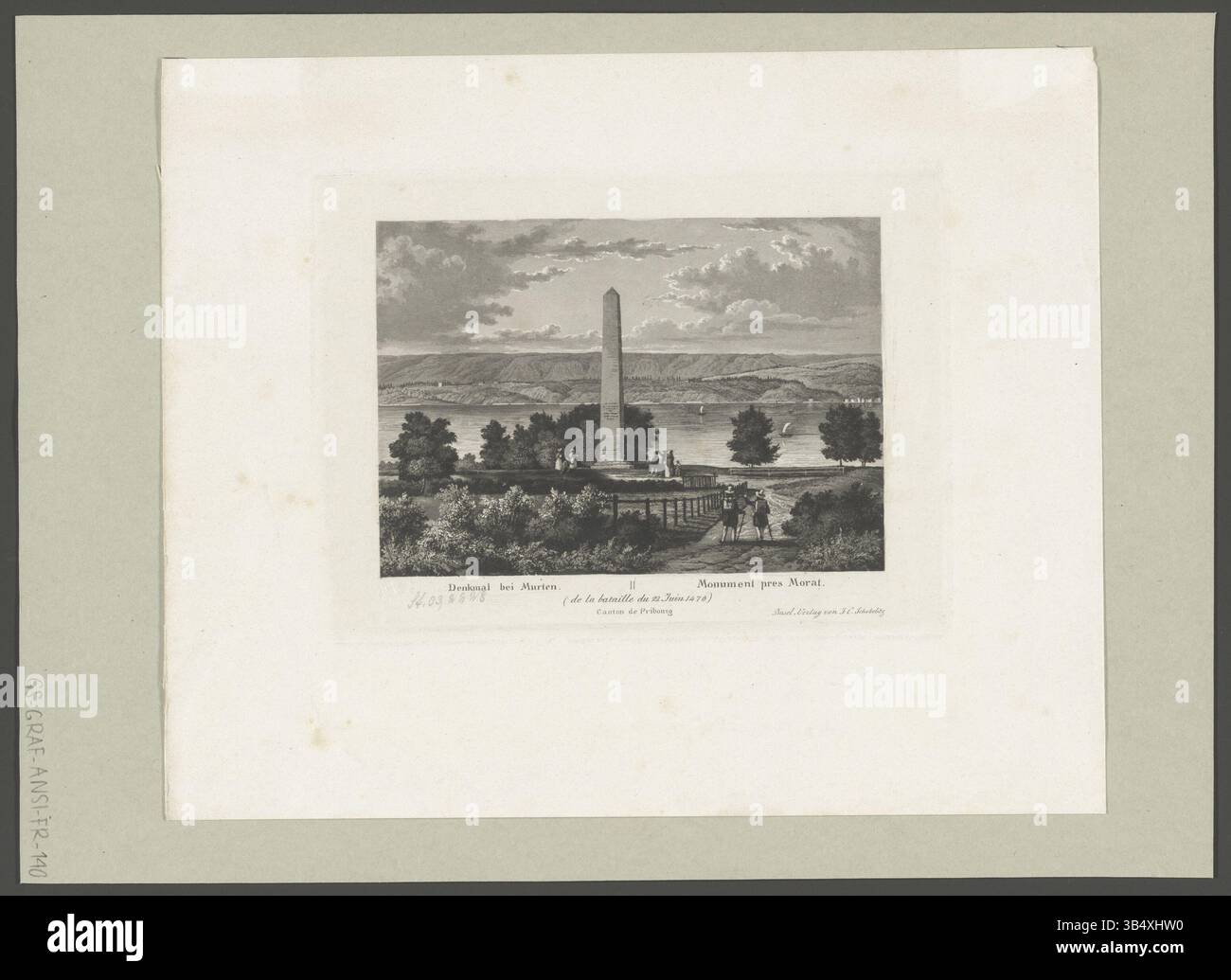 This print from around 1840 depicts the monument near Murten ...