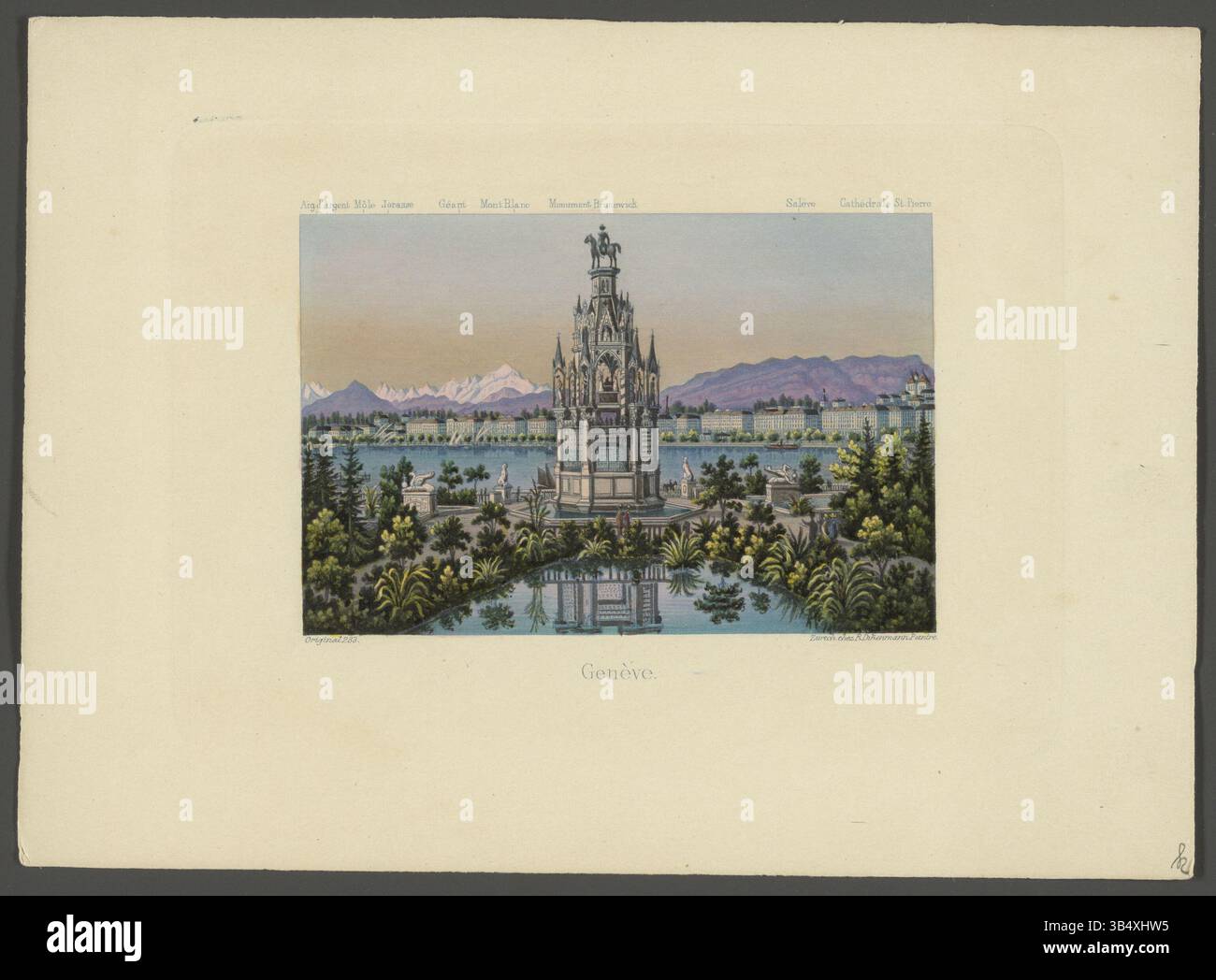 A print from 1879 by Johann Rudolf Dikenmann, showing Geneva with its prominent landmarks ...