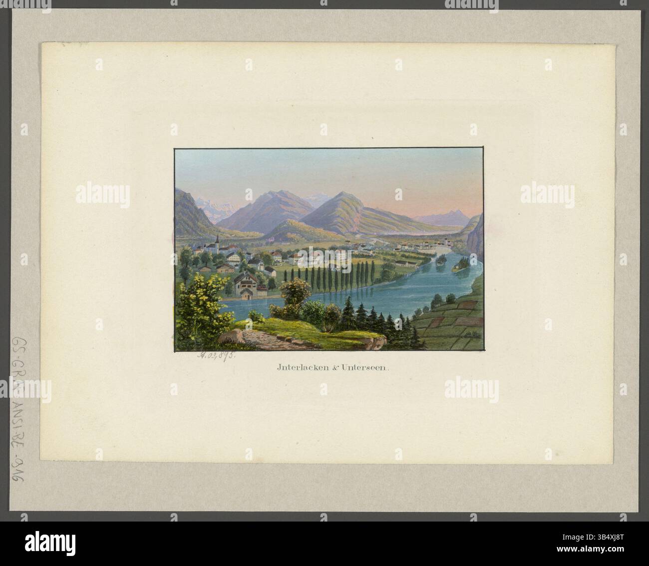 This print showcases the towns of Interlaken and Unterseen in Switzerland. It is a 19th-century ...