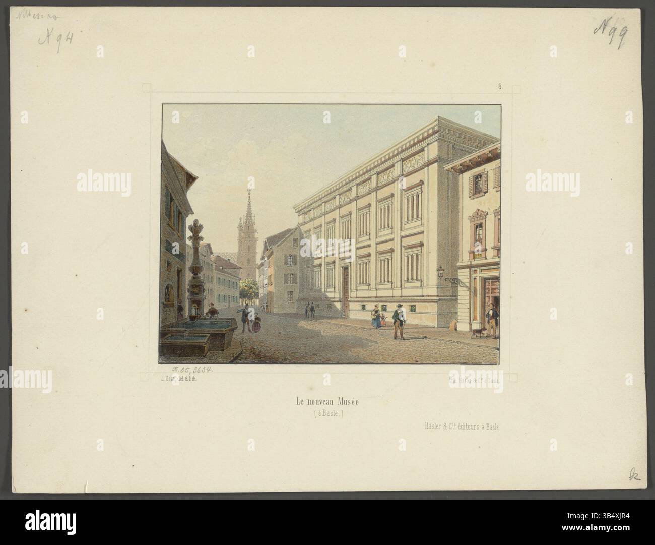A lithograph showing the new museum in Basel, created by Louis Graf ...