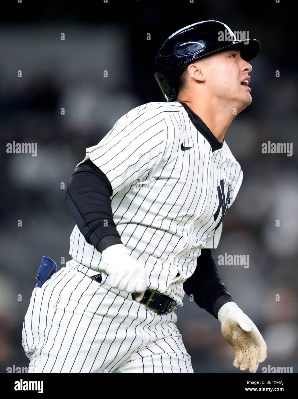 New York Yankees' Anthony Volpe runs to first base during a baseball ...
