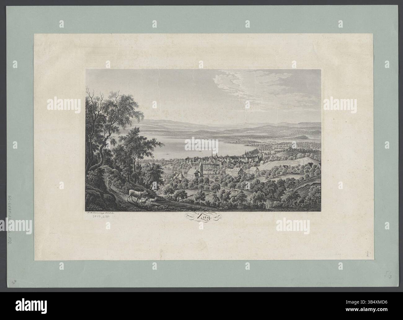 Johann Baptist Isenring’s aquatint print, created between 1833 and 1835, depicts the city of Zug ...