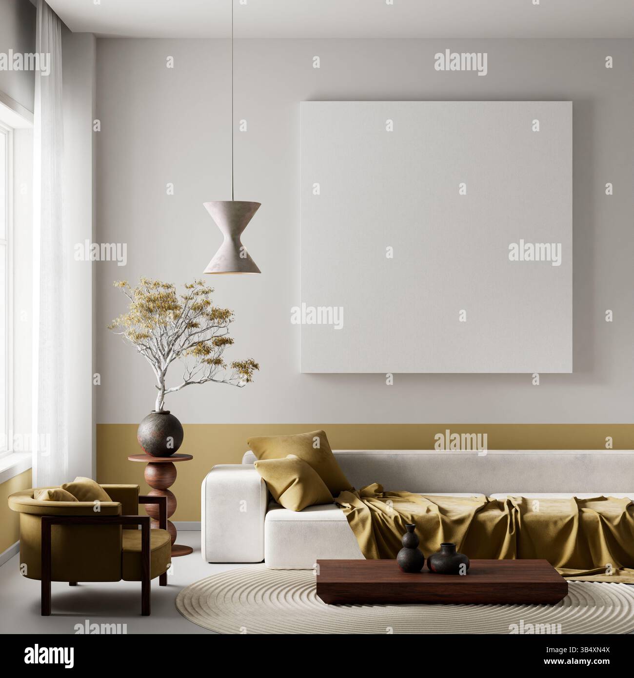 living room interior mock up with modern furnitures. Poster frame mock ...