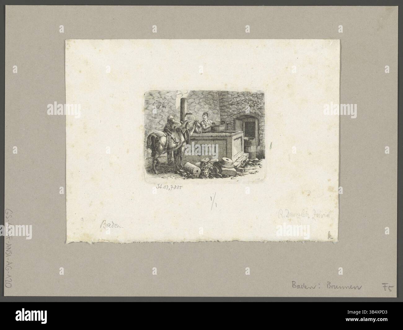 An etching from 1820 by Hans Rudolf Denzler depicting a view of Baden ...