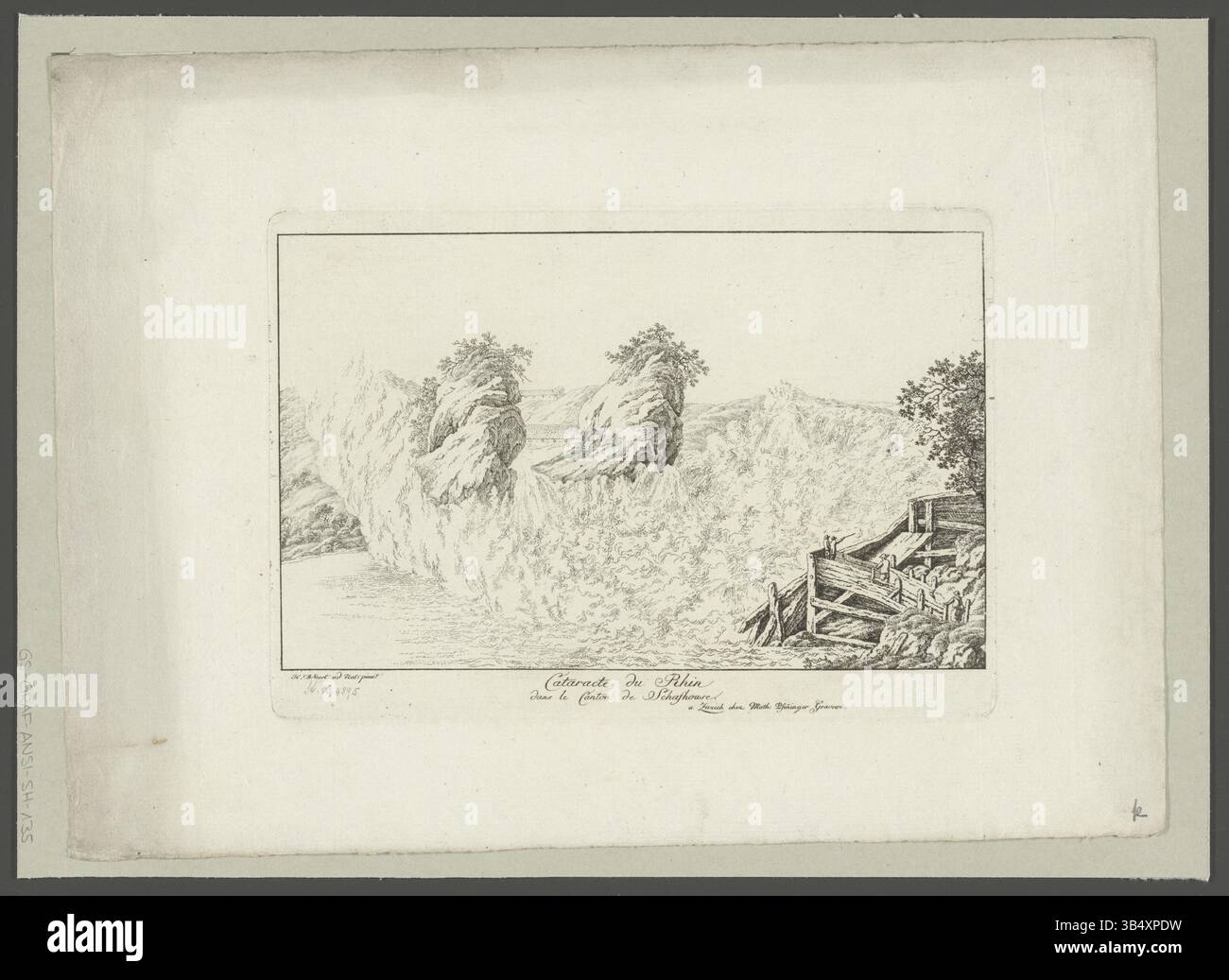 Etching of the Rhine Falls in Schaffhausen, created by Johann Heinrich Wüest, with Matthias ...