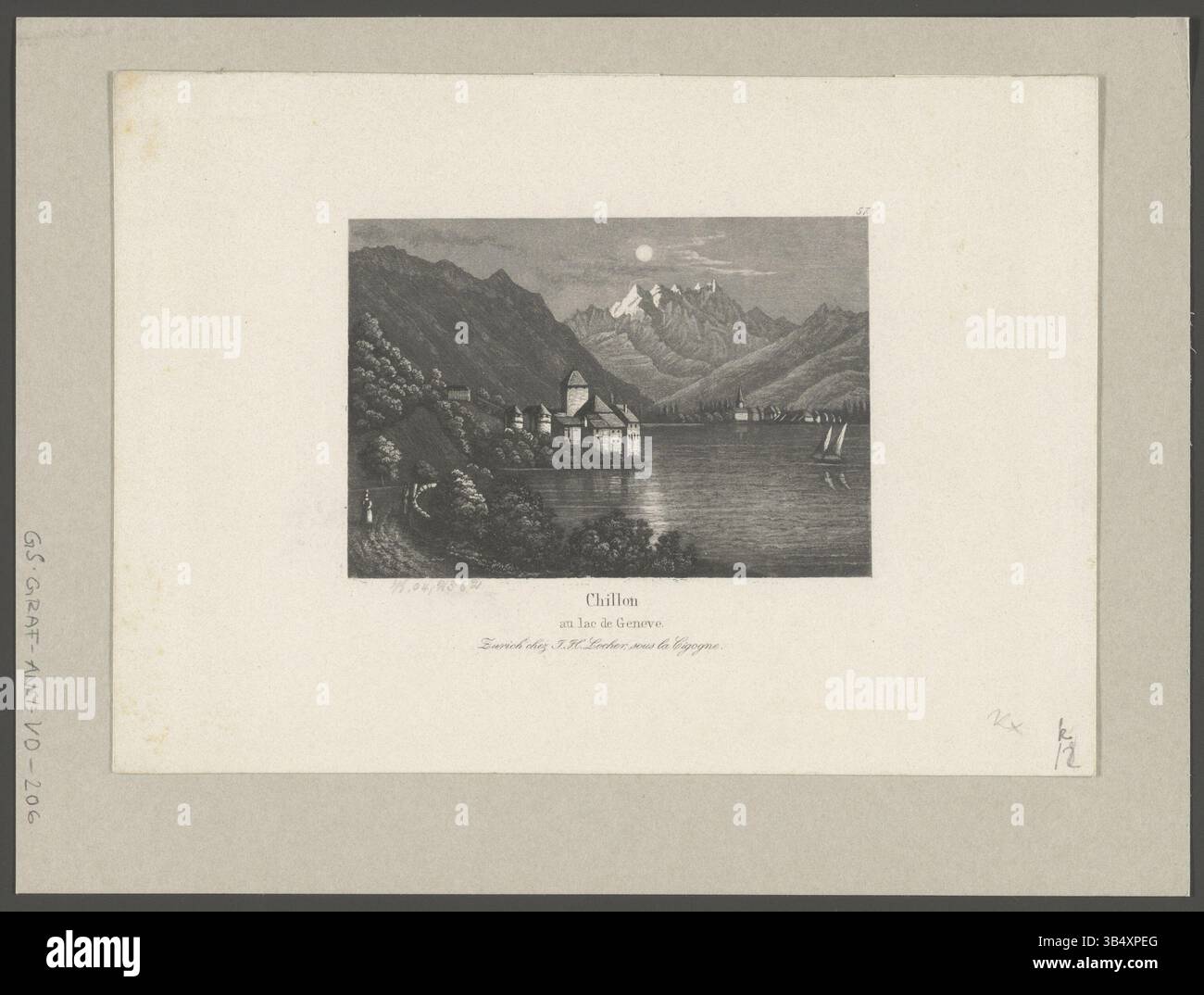 This 19th-century aquatint print showcases Chillon Castle on Lake ...