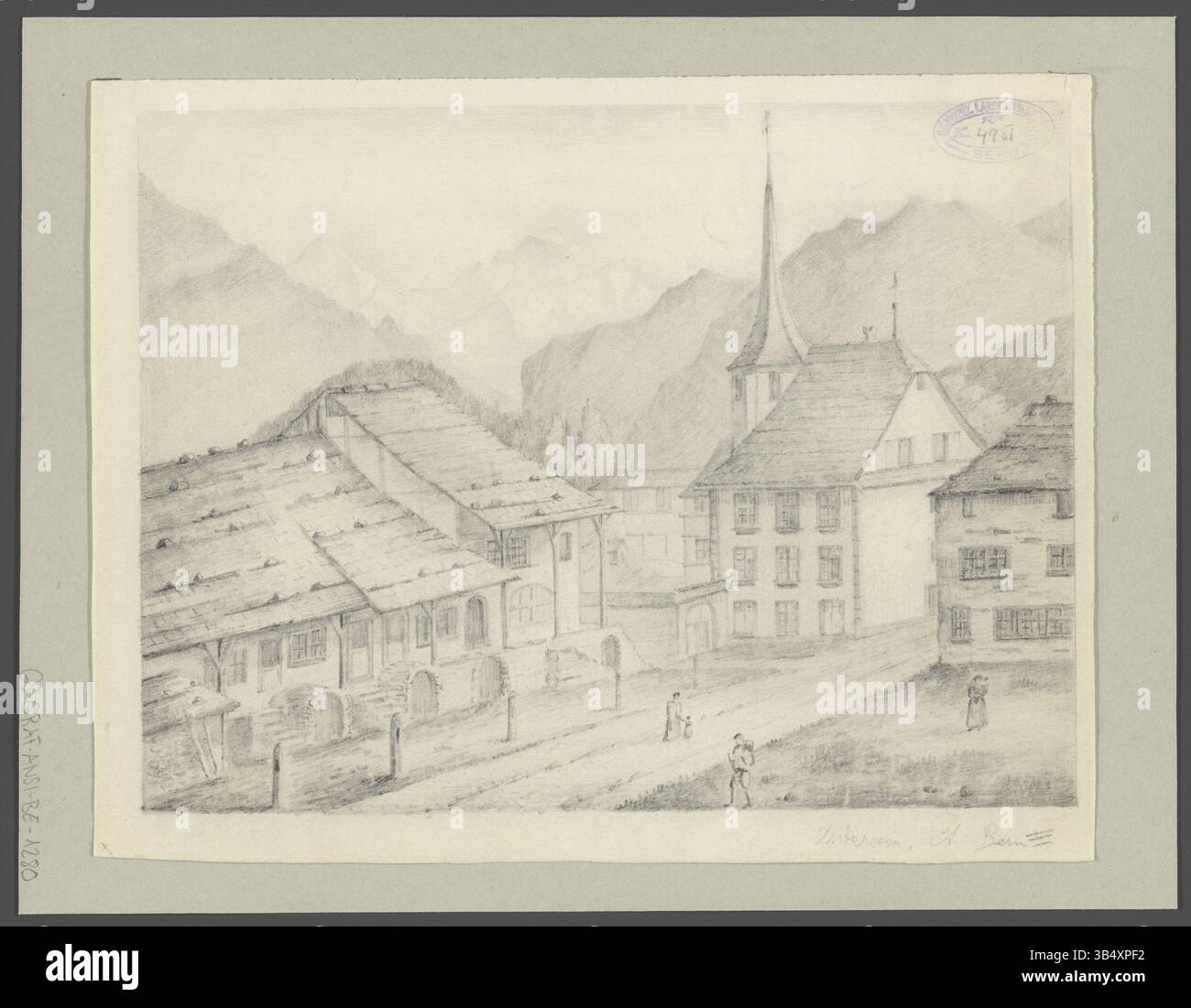 A 19th-century pencil drawing of Unterseen, located in the Canton of ...