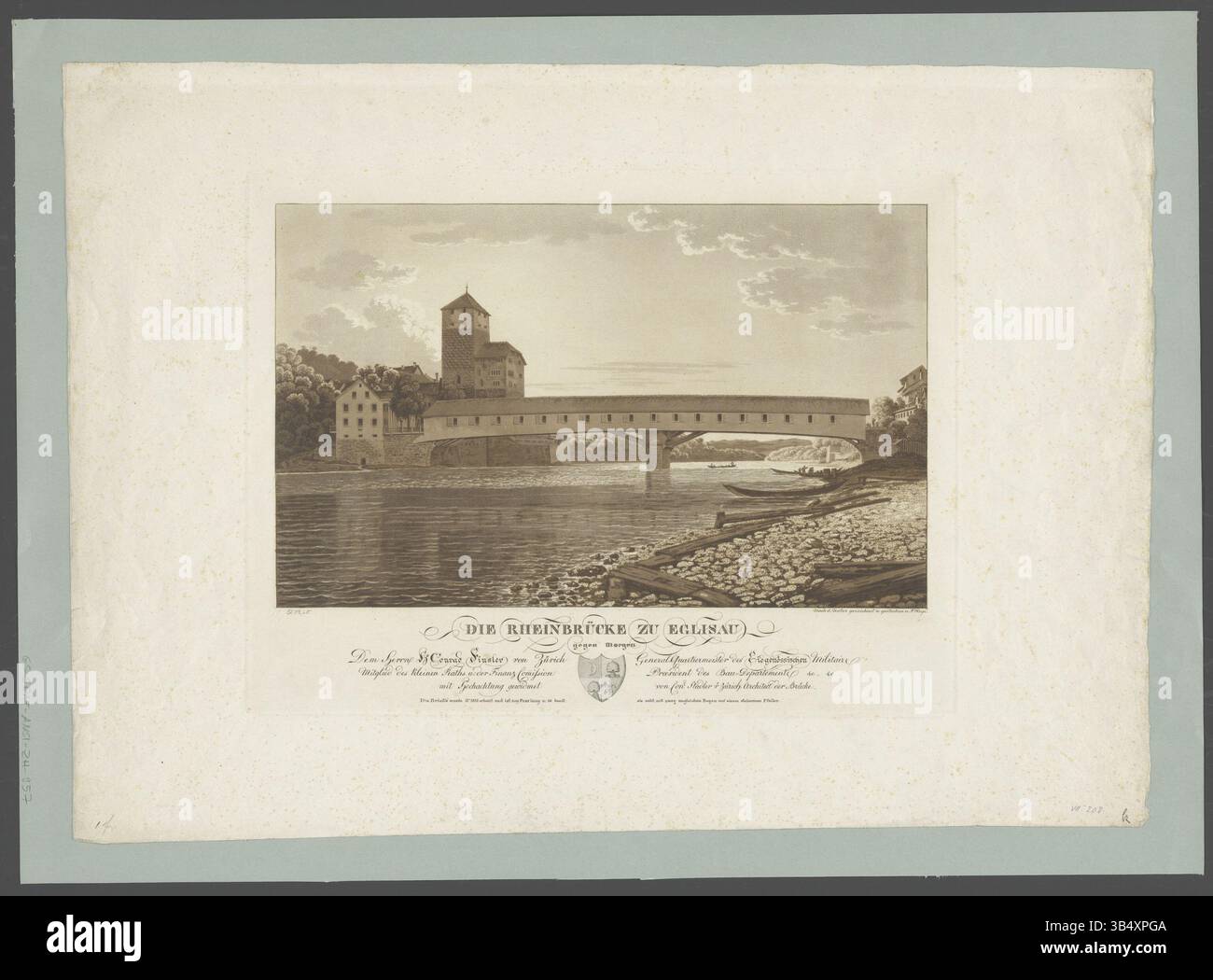 Aquatint and etching print of the Rheinbrücke in Eglisau, depicting the ...