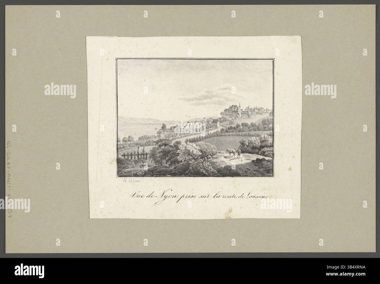 Lithograph showing a view of Nyon, Switzerland, as seen from the ...