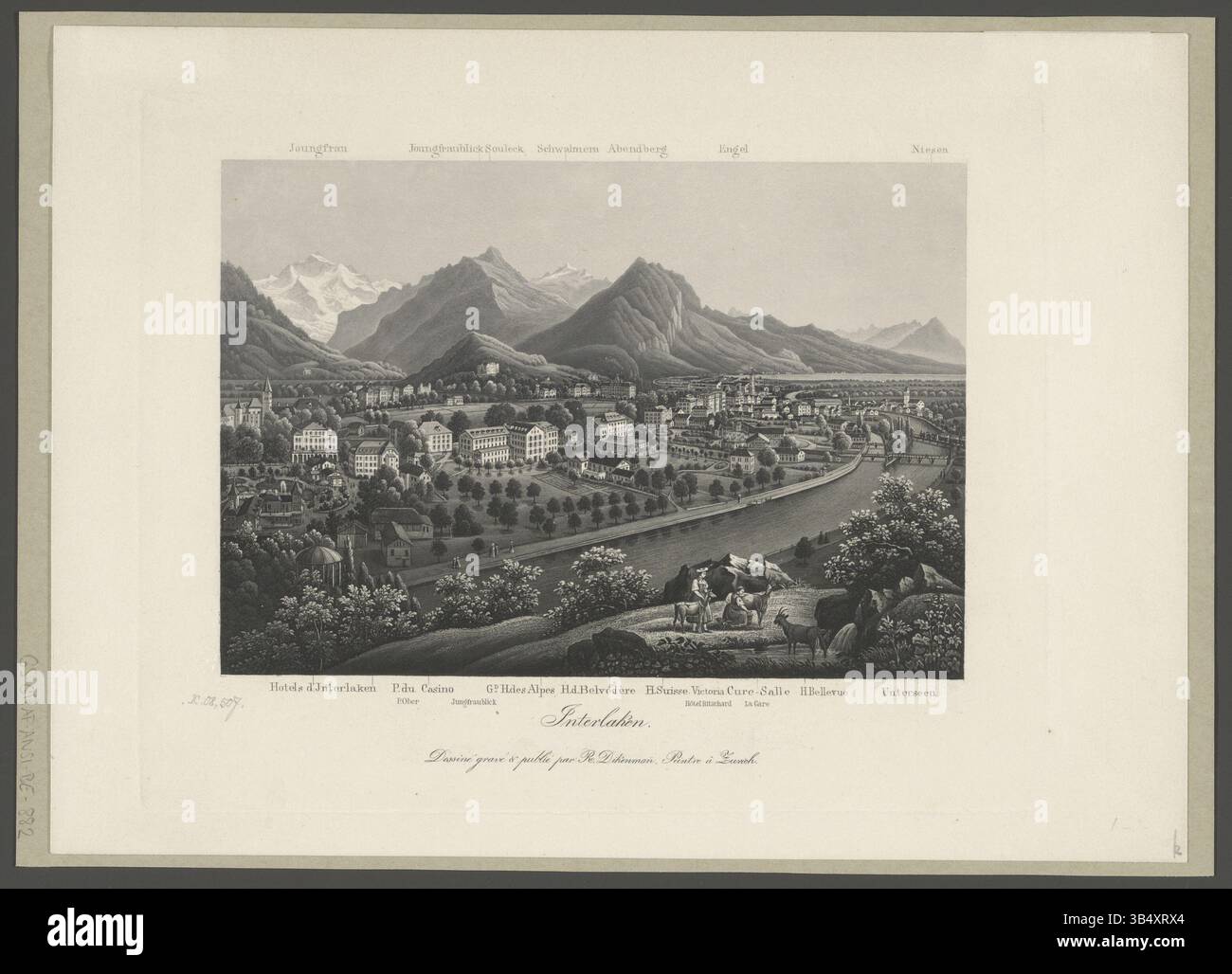 This etching and aquatint by Johann Rudolf Dikenmann depicts the scenic views of Interlaken ...