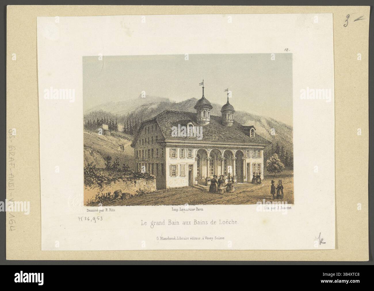 A lithograph from 1851, 'Le grand Bain aux Bains de Loèche,' shows the ...