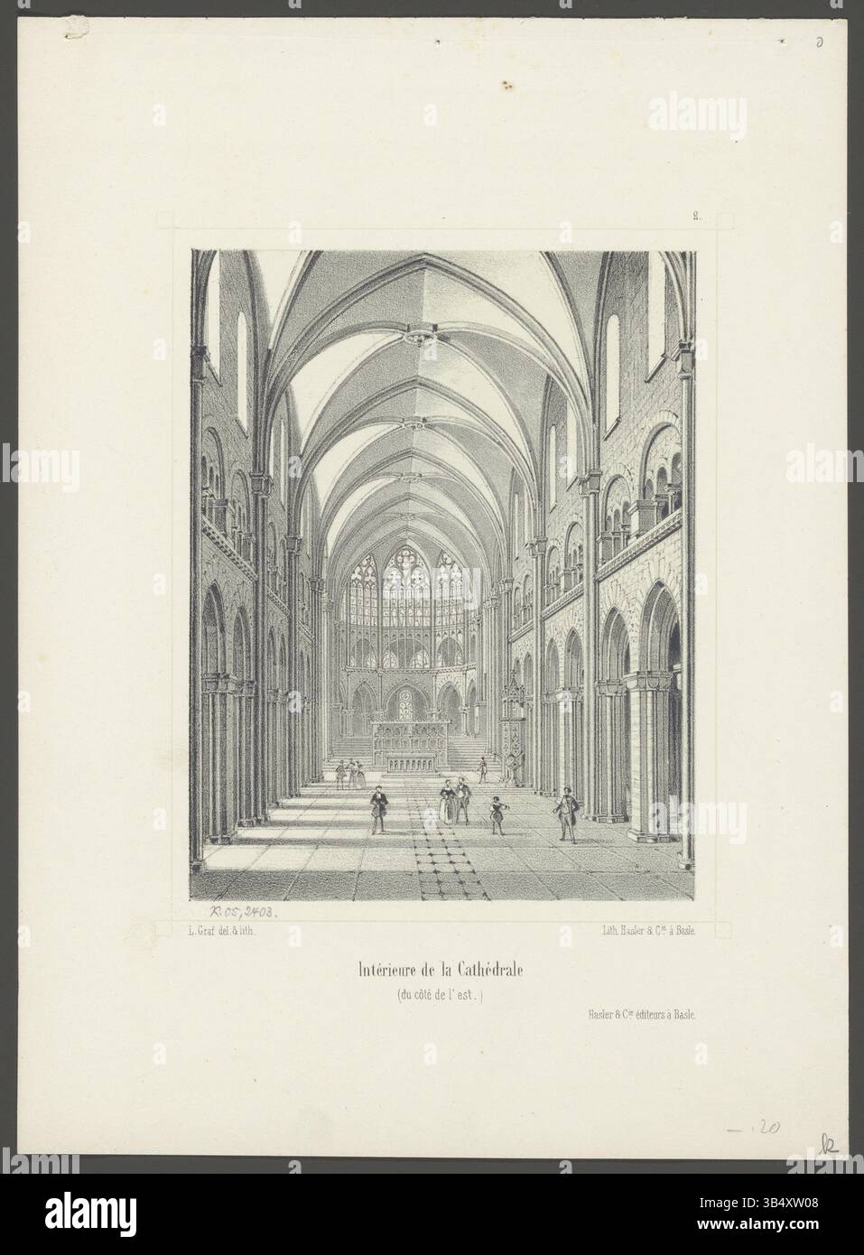 Lithograph print of the interior of the Basel Cathedral, showing the ...