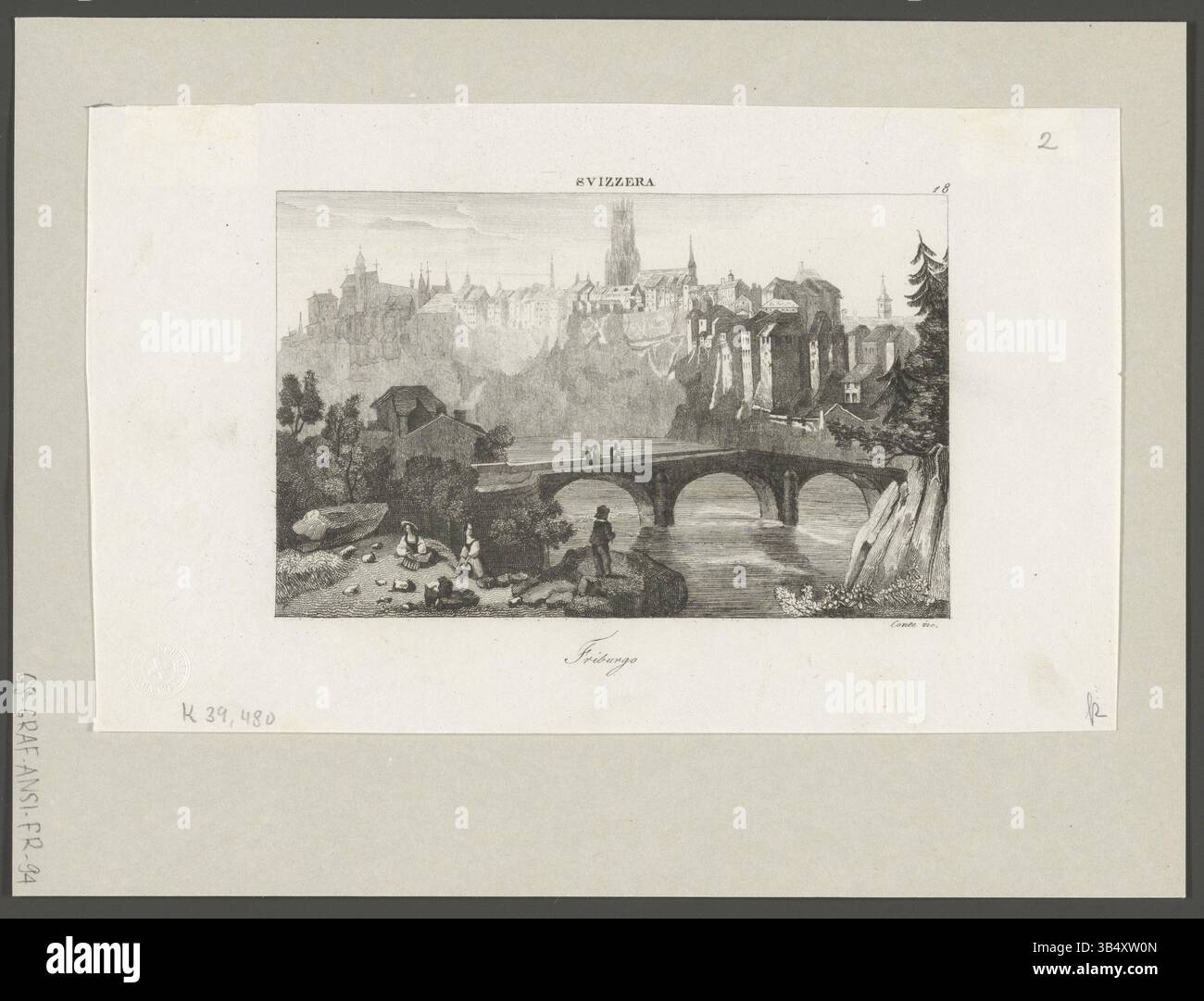 A 1840 etching print of Fribourg, Switzerland, highlighting the town ...