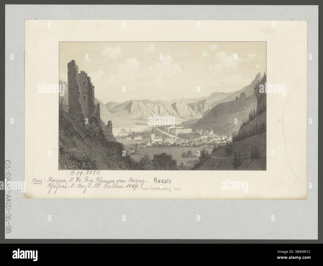 Lithograph from 1869 depicting Ragatz (now Bad Ragaz) from the ...