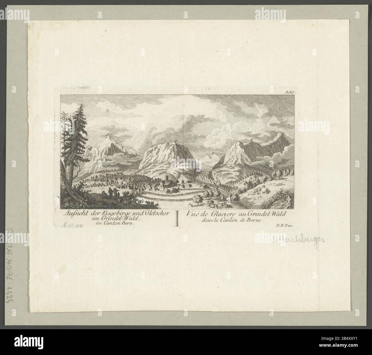 Etching from 1774 depicting the ice mountains and glaciers of Grindelwald, Canton Bern. The ...