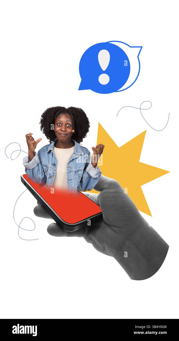 Excited woman crosses fingers while standing on phone next to big blue ...