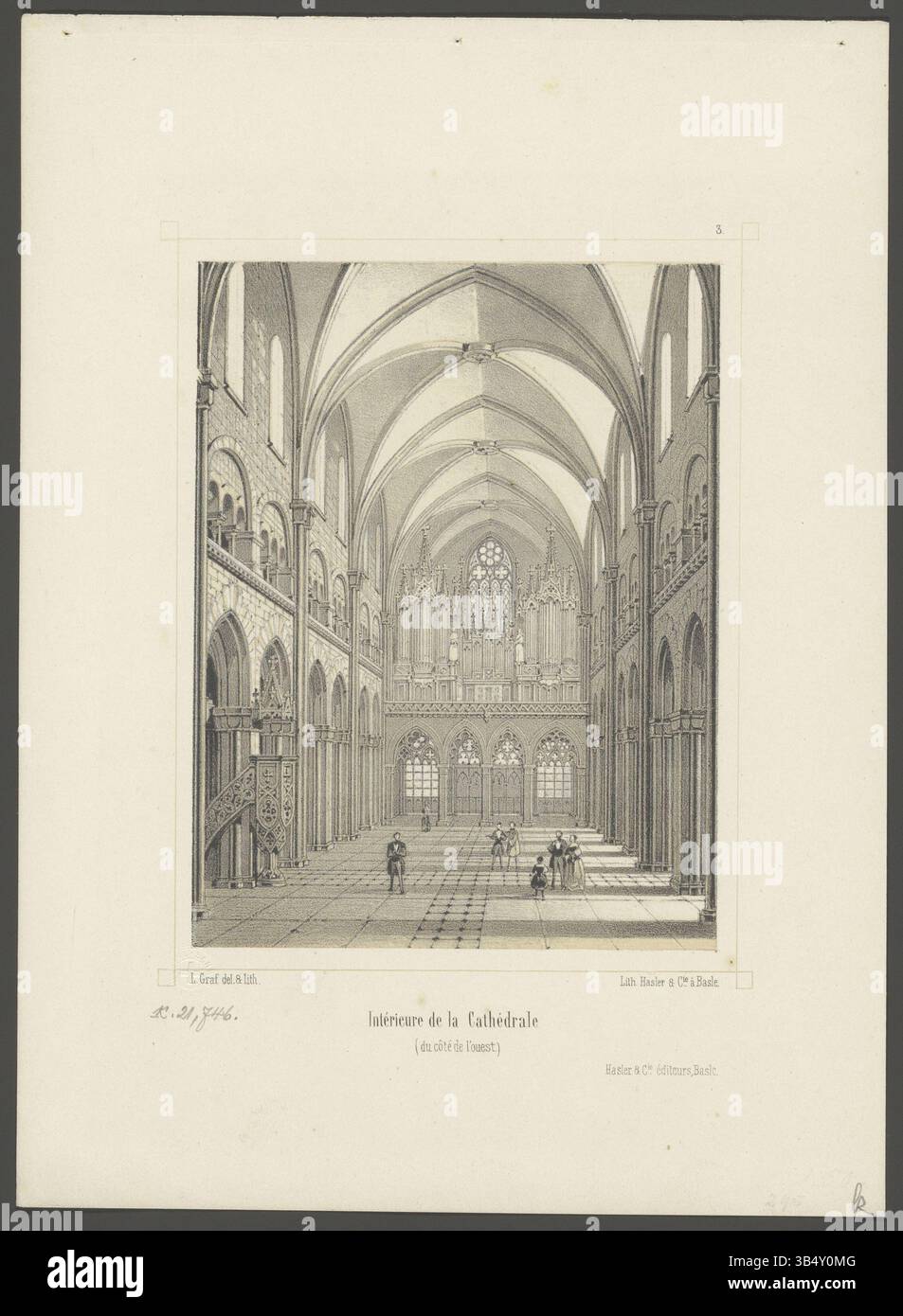 Lithograph print depicting the interior of Basel Cathedral, showing the ...