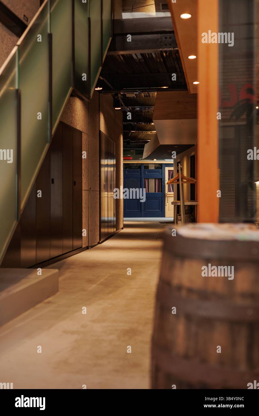 Stylish corridor featuring warm lighting and architectural elements ...