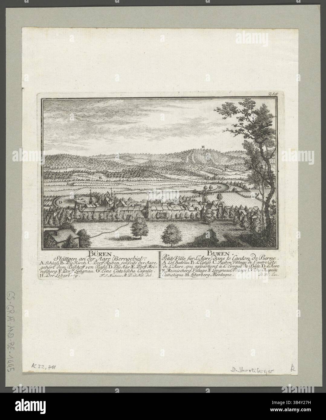 This print shows Büren, a town in the Bern region, including a castle ...