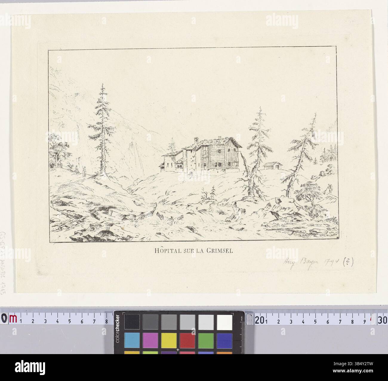 This 19th-century outline etching depicts the Grimsel Hospiz, a ...