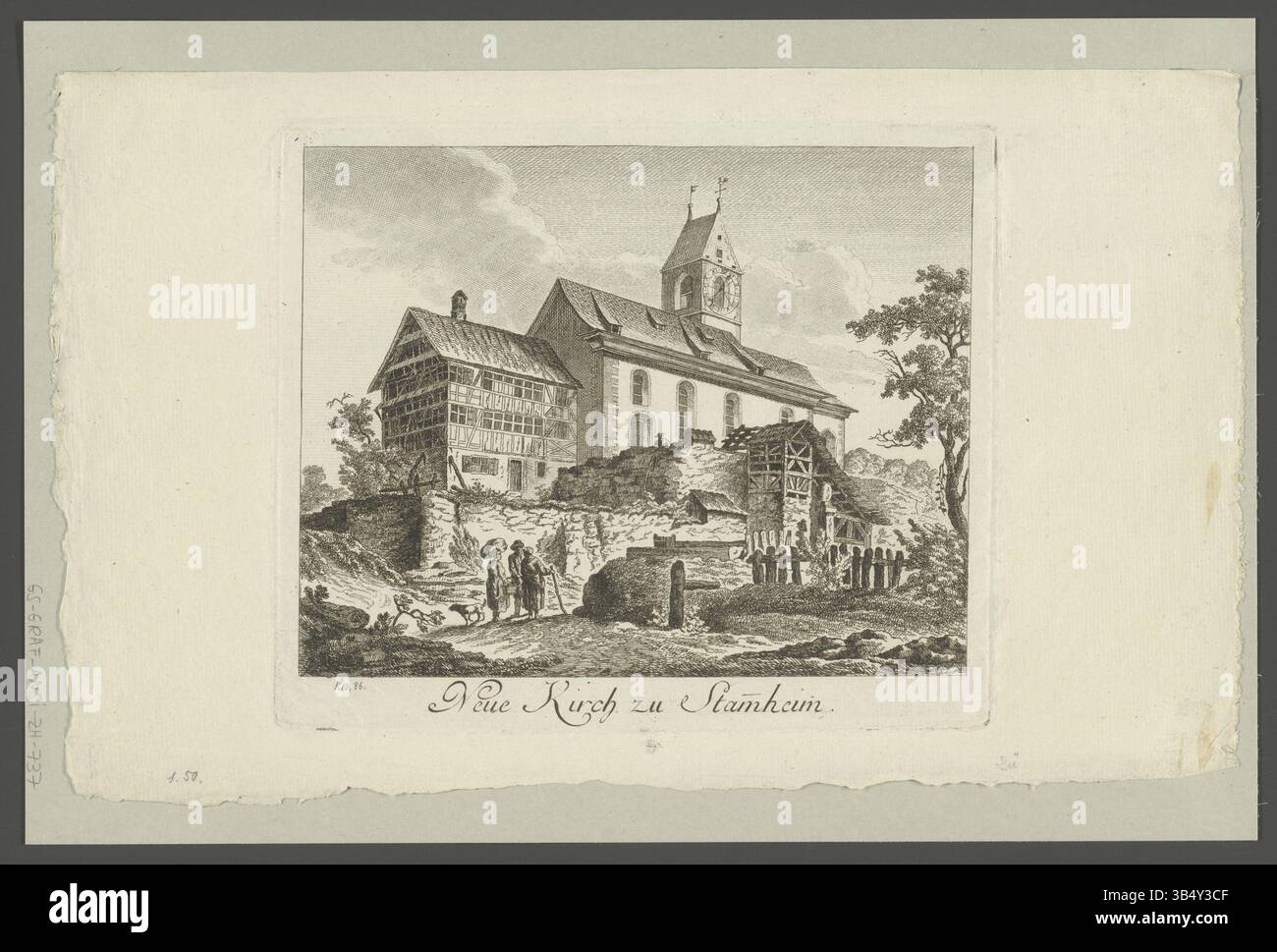 Etching of the Neue Kirche in Stammheim, Zurich, part of the Reformed ...