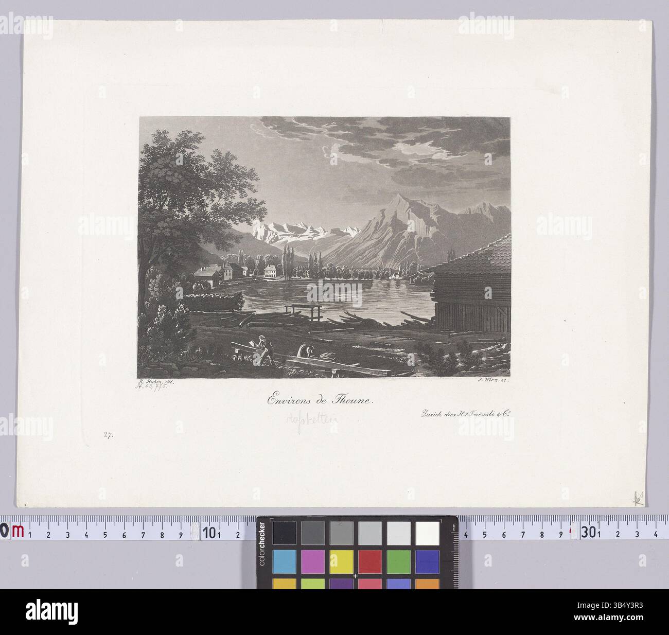 An aquatint view of the surroundings of Thun, showing Aare River, Blüemlisalp, and Niesen ...