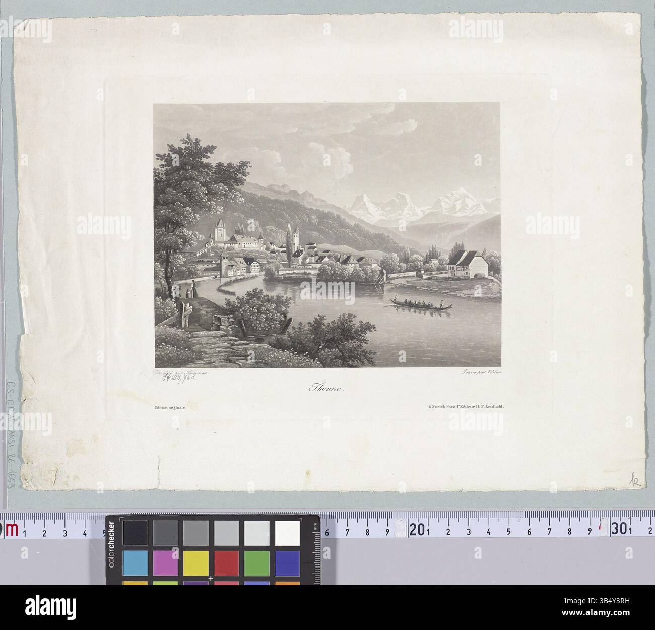 The artwork by Ernst Kummer and Lukas Weber shows a view of Thun from ...