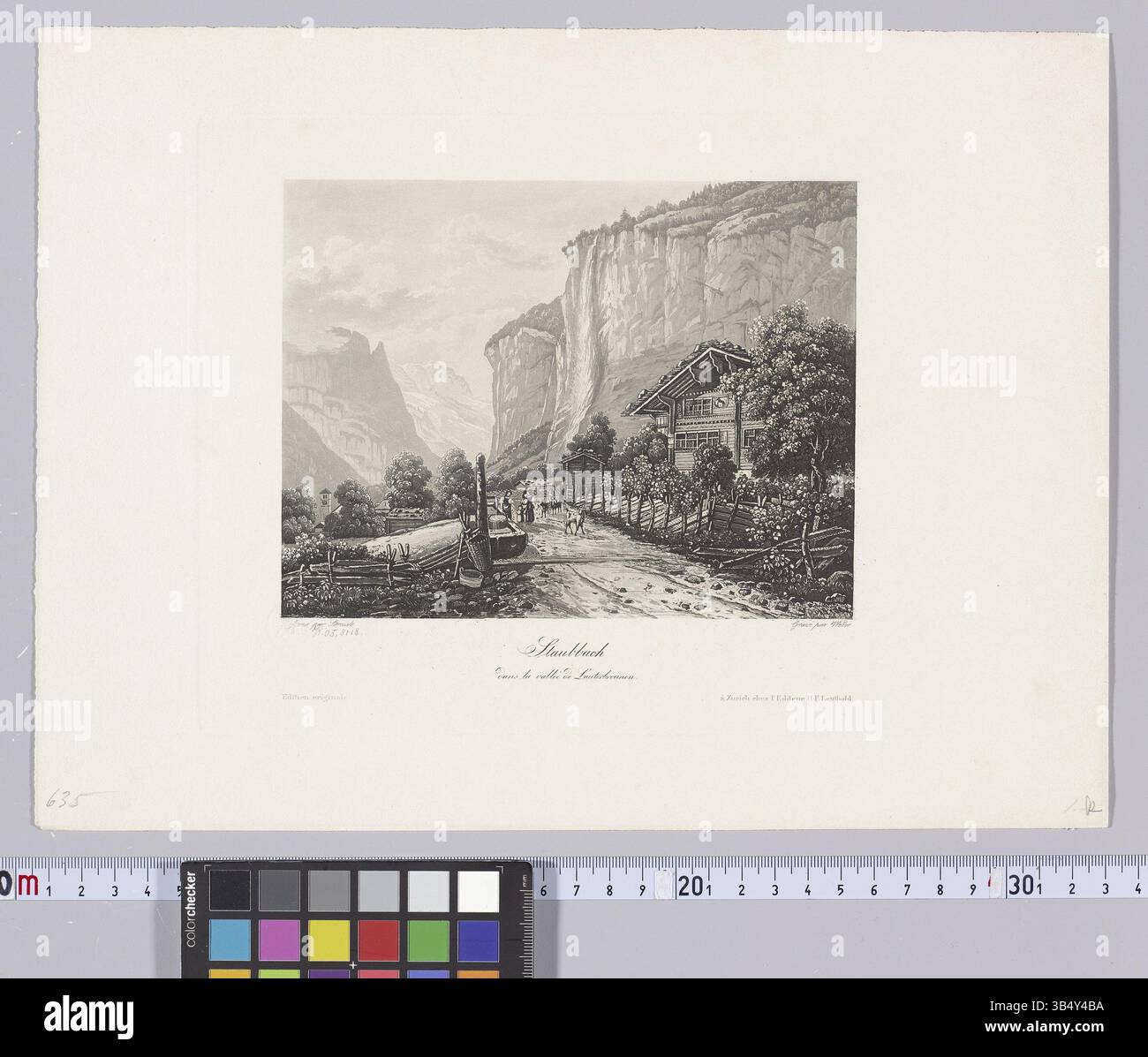 This print shows the Staubbach waterfall in Lauterbrunnen Valley. Drawn ...