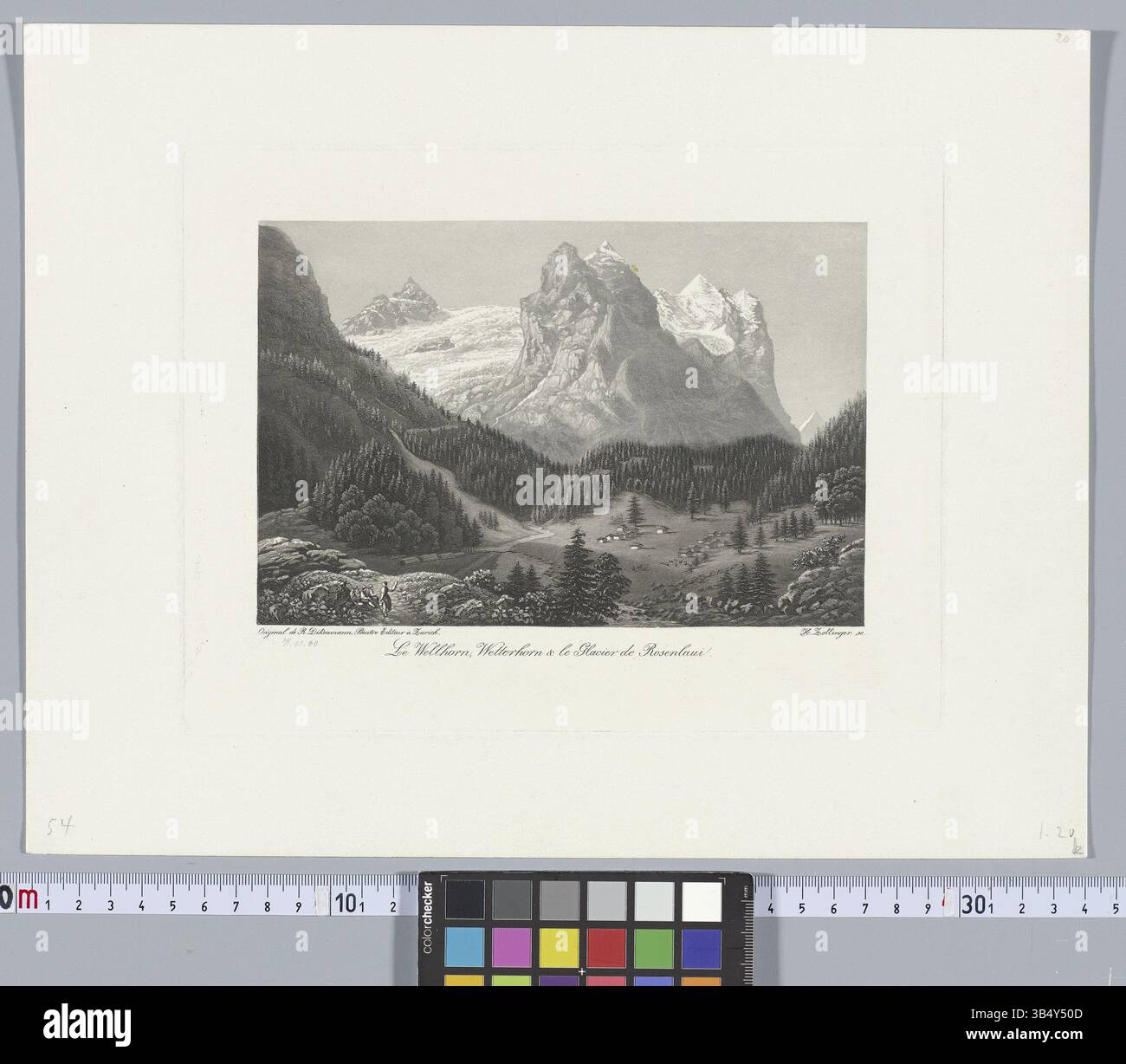 Etching by Heinrich Zollinger showing the Wellhorn, Wetterhorn, and the Rosenlaui Glacier in the ...