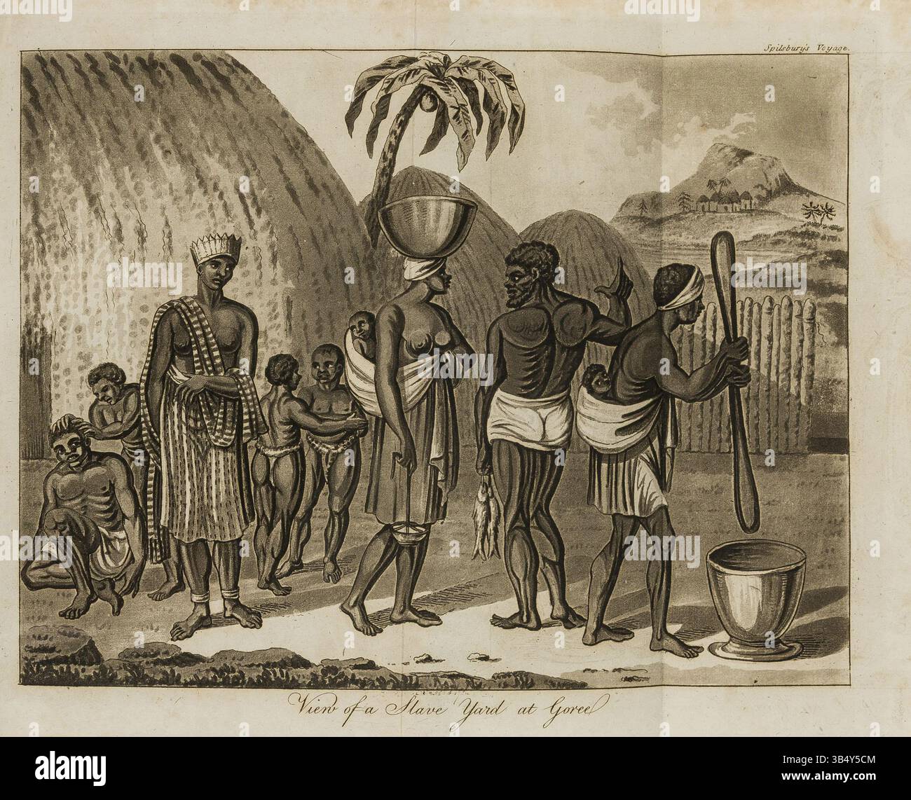 An 1807 engraving by Francis Brockell Spilsbury showing a slave yard at ...