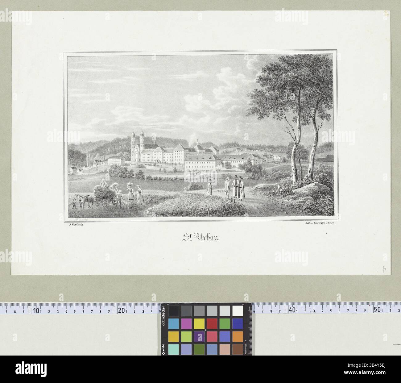 This lithograph shows a view of the St. Urban Monastery in Switzerland ...
