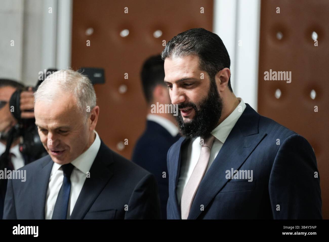 Damascus, Syria. 01st May, 2025. Syrian President Ahmad al-Sharaa (R ...