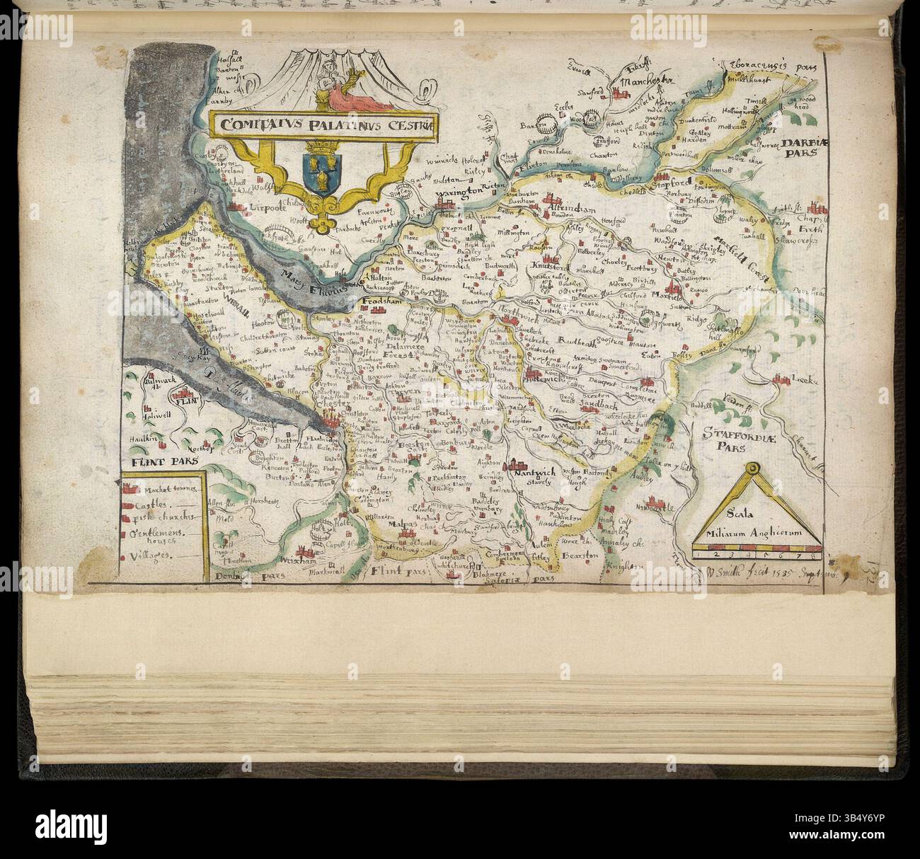 A 1585 manuscript map by William Smith detailing Cheshire, made with ...