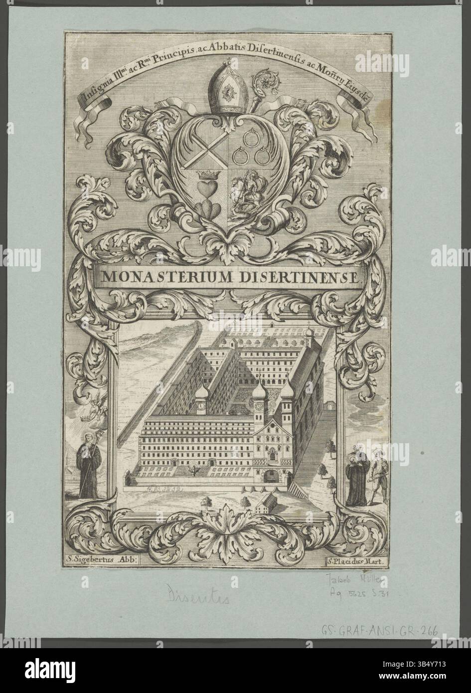 Engraving depicting the Disentis Abbey and related figures from the ...