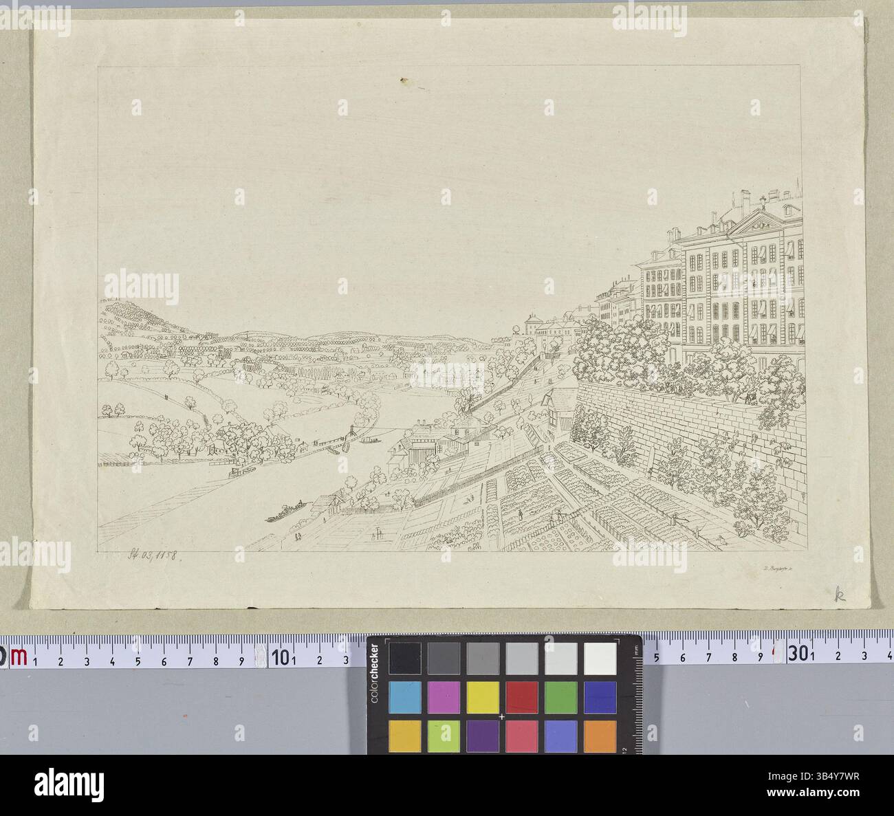 A print showing Bern from the east, with a view of the Aare river and ...