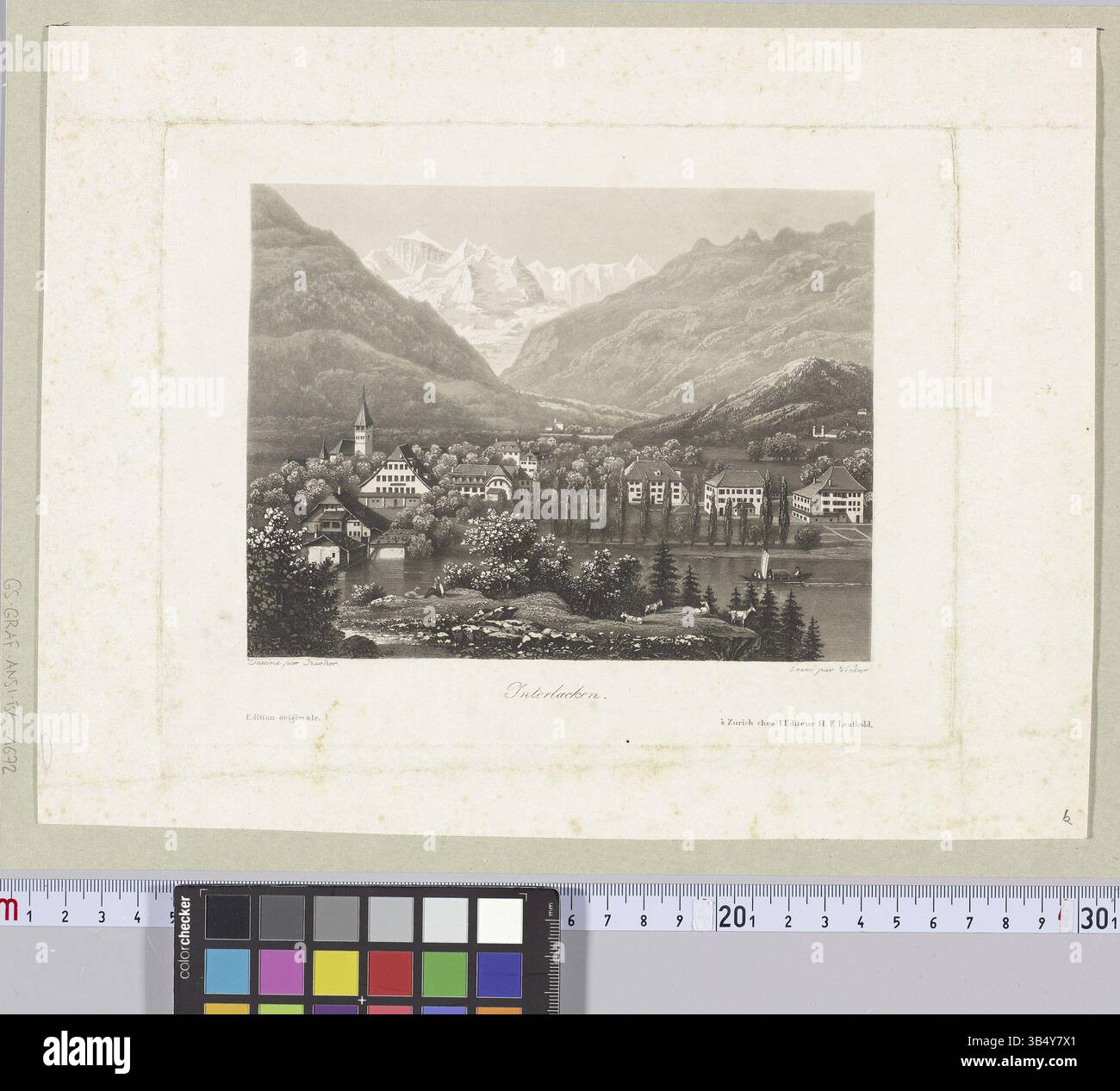 The print depicts a view of Interlaken from the north, showcasing the ...