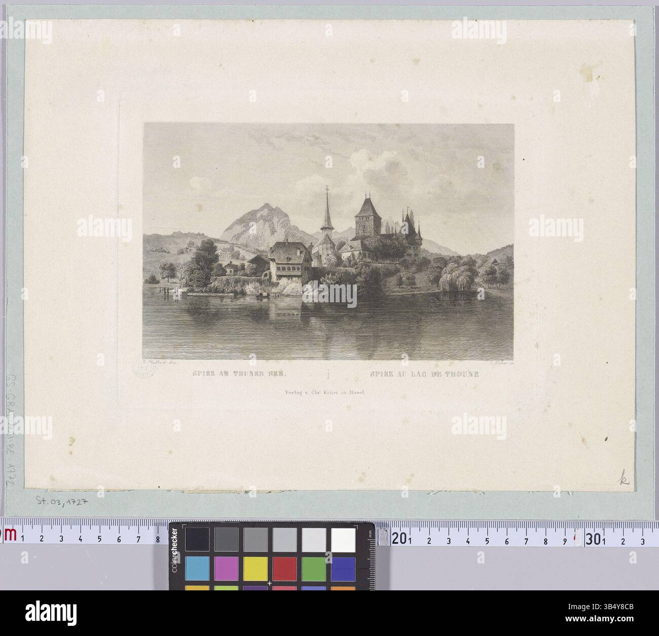 A 19th-century steel engraving of Spiez on Lake Thun, showing the ...