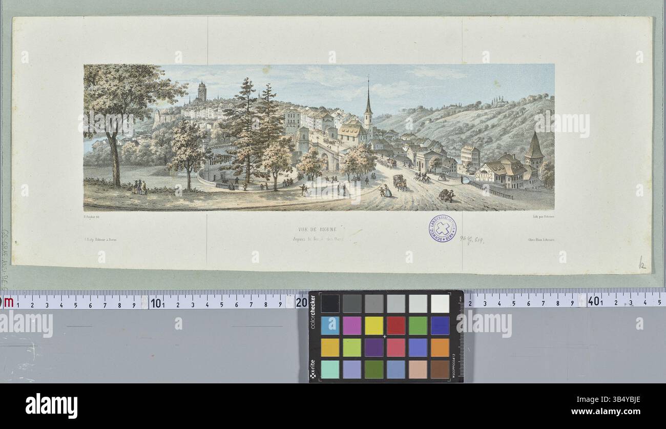 This lithograph, dated to the 1860s, shows a view of Bern from the Bear ...