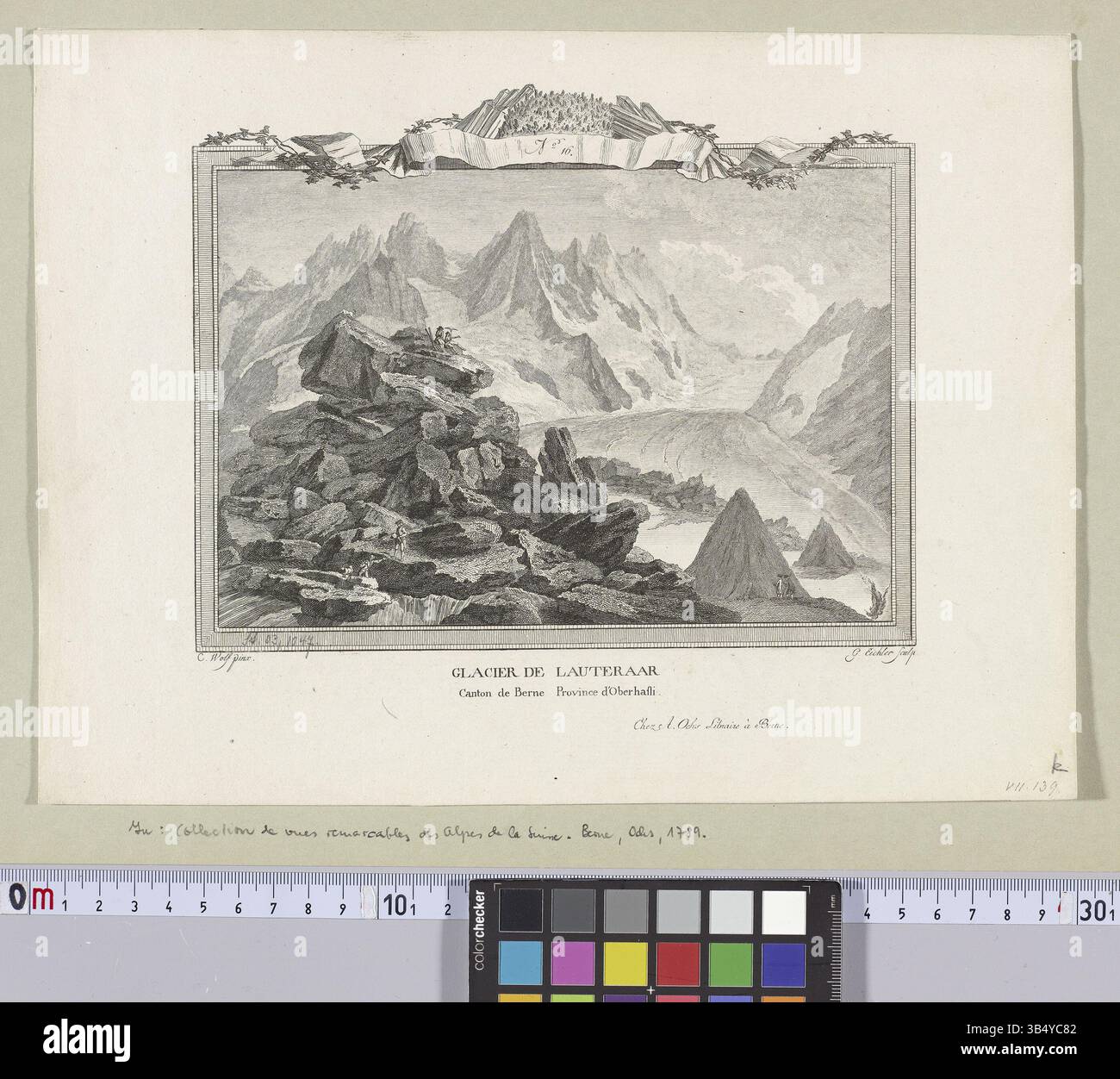 This print shows the Lauteraar Glacier in the canton of Bern, depicting ...