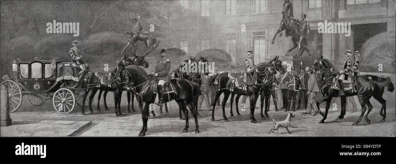 This 1888 artwork depicts a ceremonial event, showcasing a six-horse ...