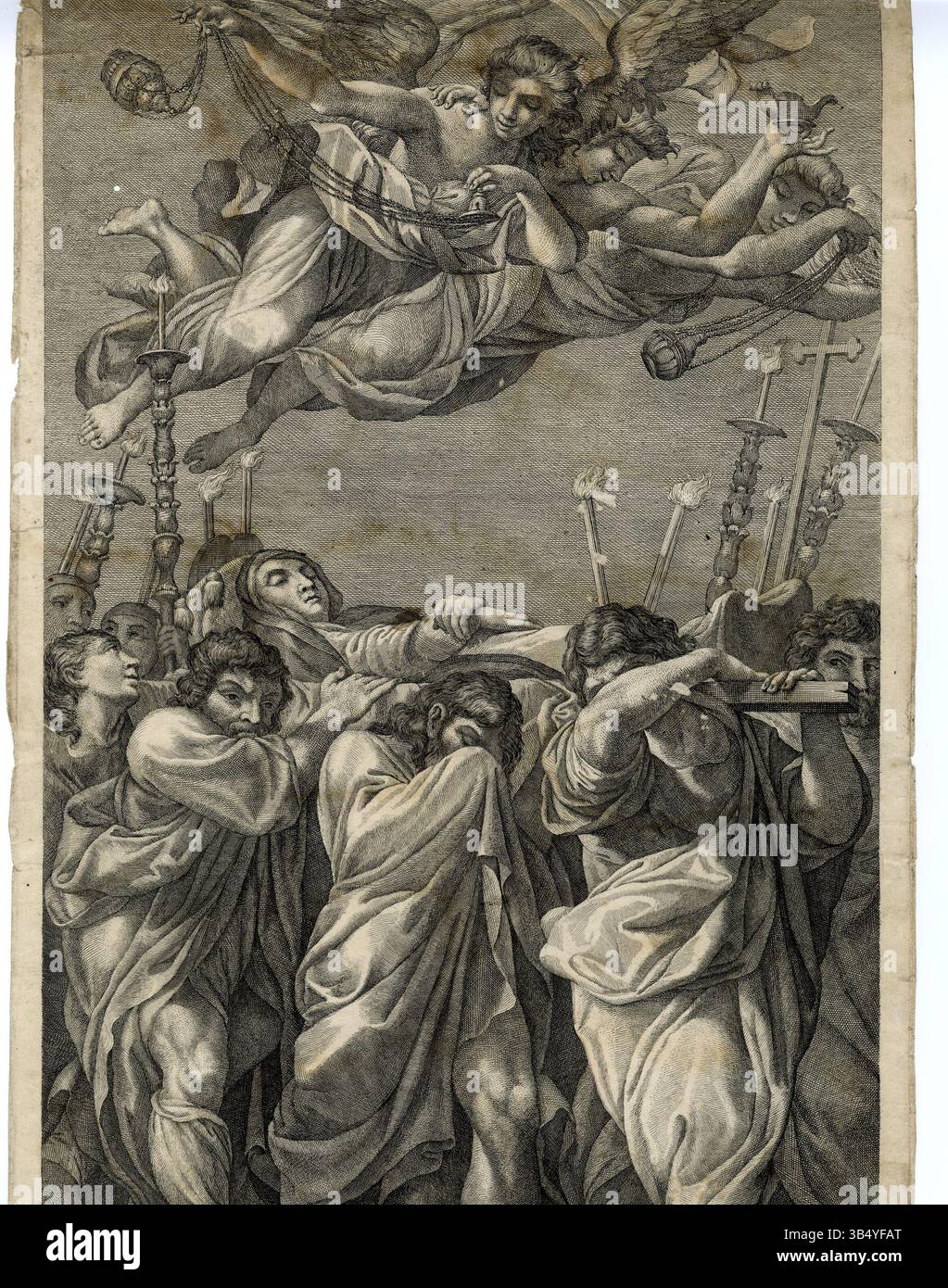 This anonymous print depicts the 'Funeral of the Virgin,' showing a ...