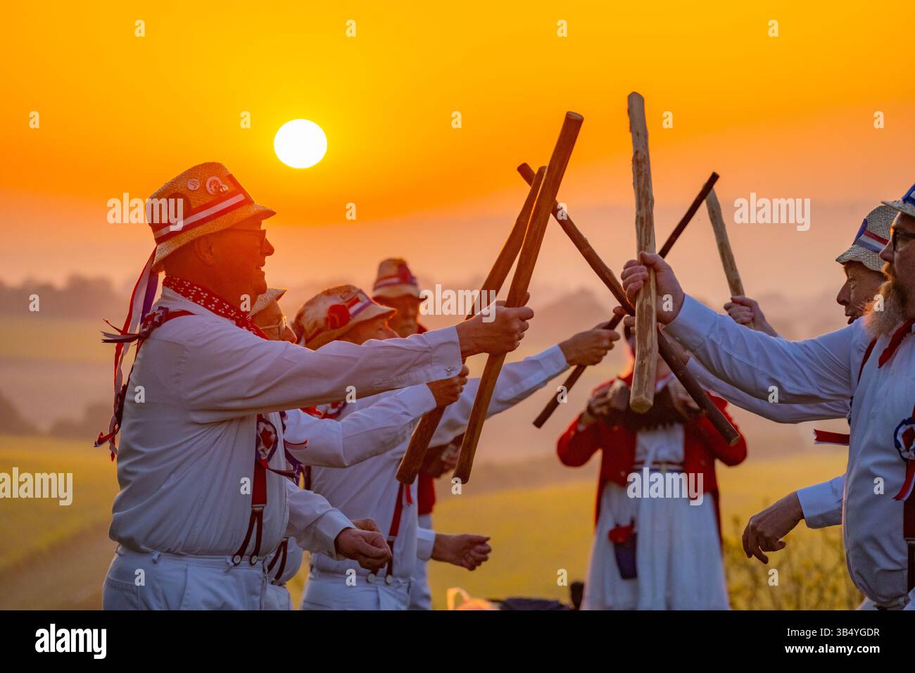 Morris dancers dancing on Coldrum Long barrow near Trottiscliffe at ...