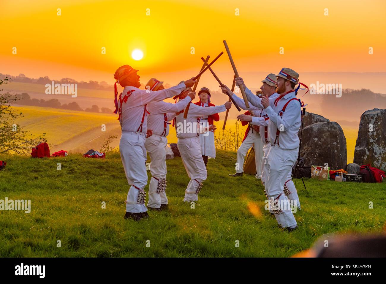 Morris dancers dancing on Coldrum Long barrow near Trottiscliffe at ...