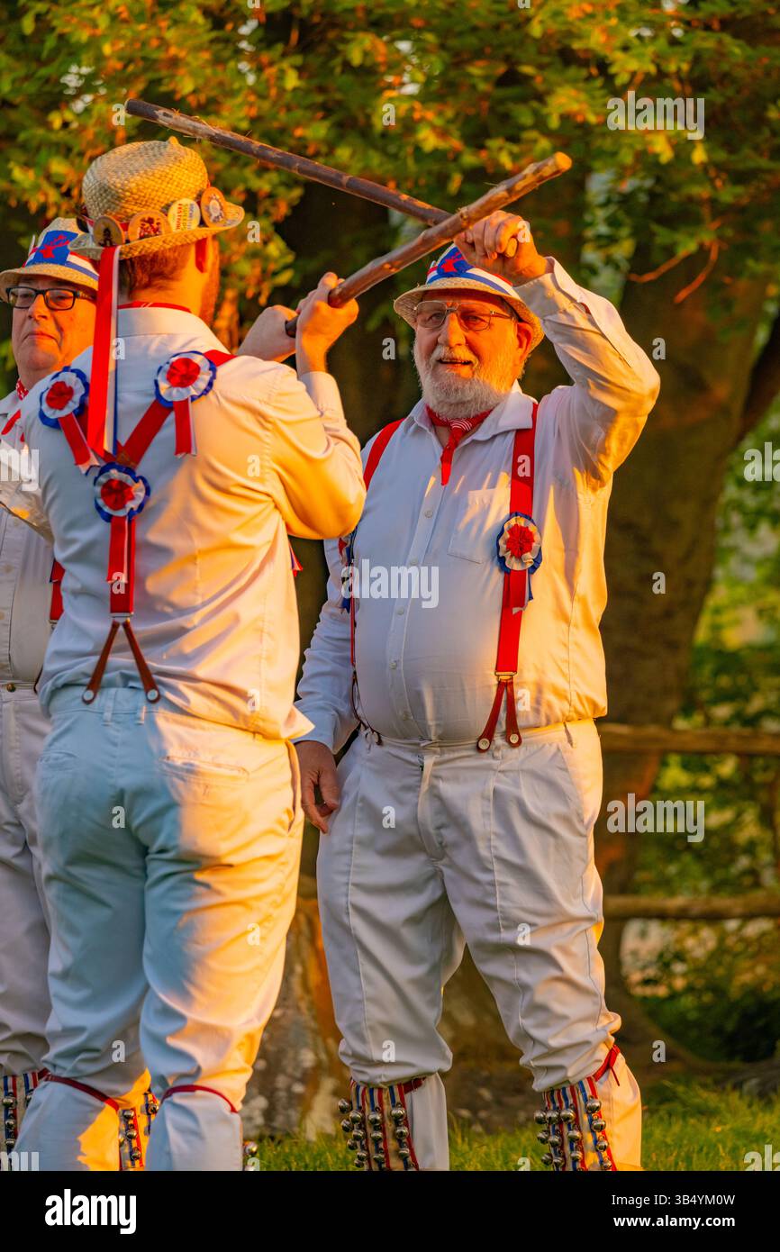Morris dancers dancing on Coldrum Long barrow near Trottiscliffe at ...