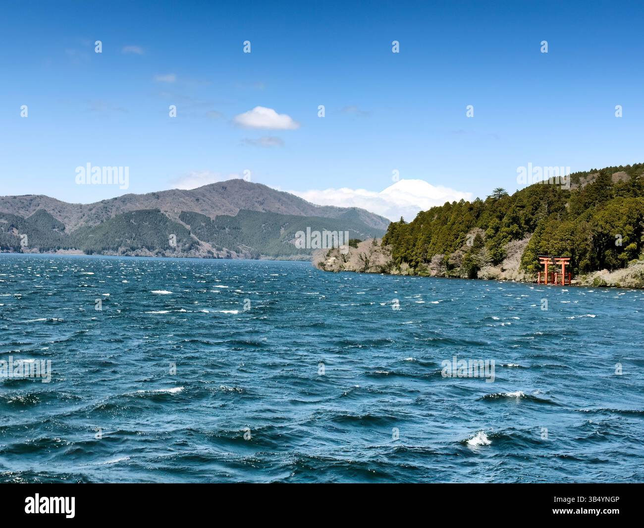 View of Fuji Mountain plus local shrine temple behind smaller mountains ...