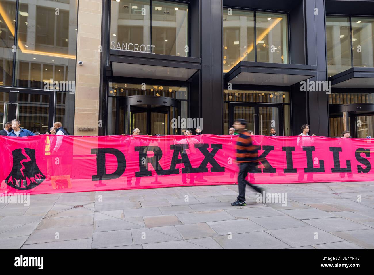 London, UK. 01 MAY, 2025. "Drax kills" banner is held outside as AXE ...
