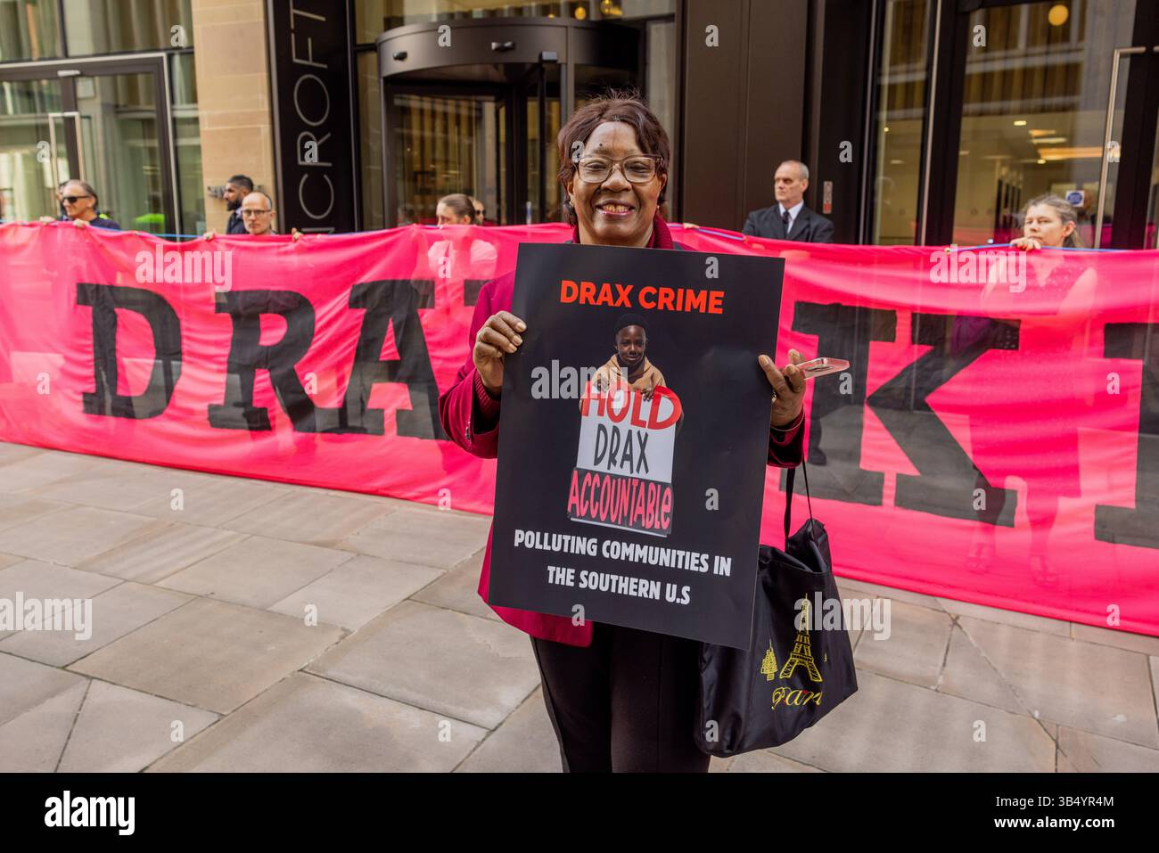 London, UK. 01 MAY, 2025. Lady holds "drax crime" sign following an ...
