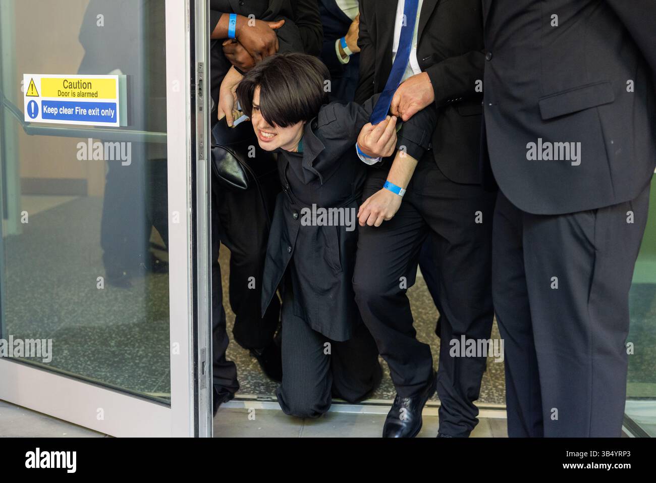 London, UK. 01 MAY, 2025. Protestor is removed as AXE DRAX activists ...